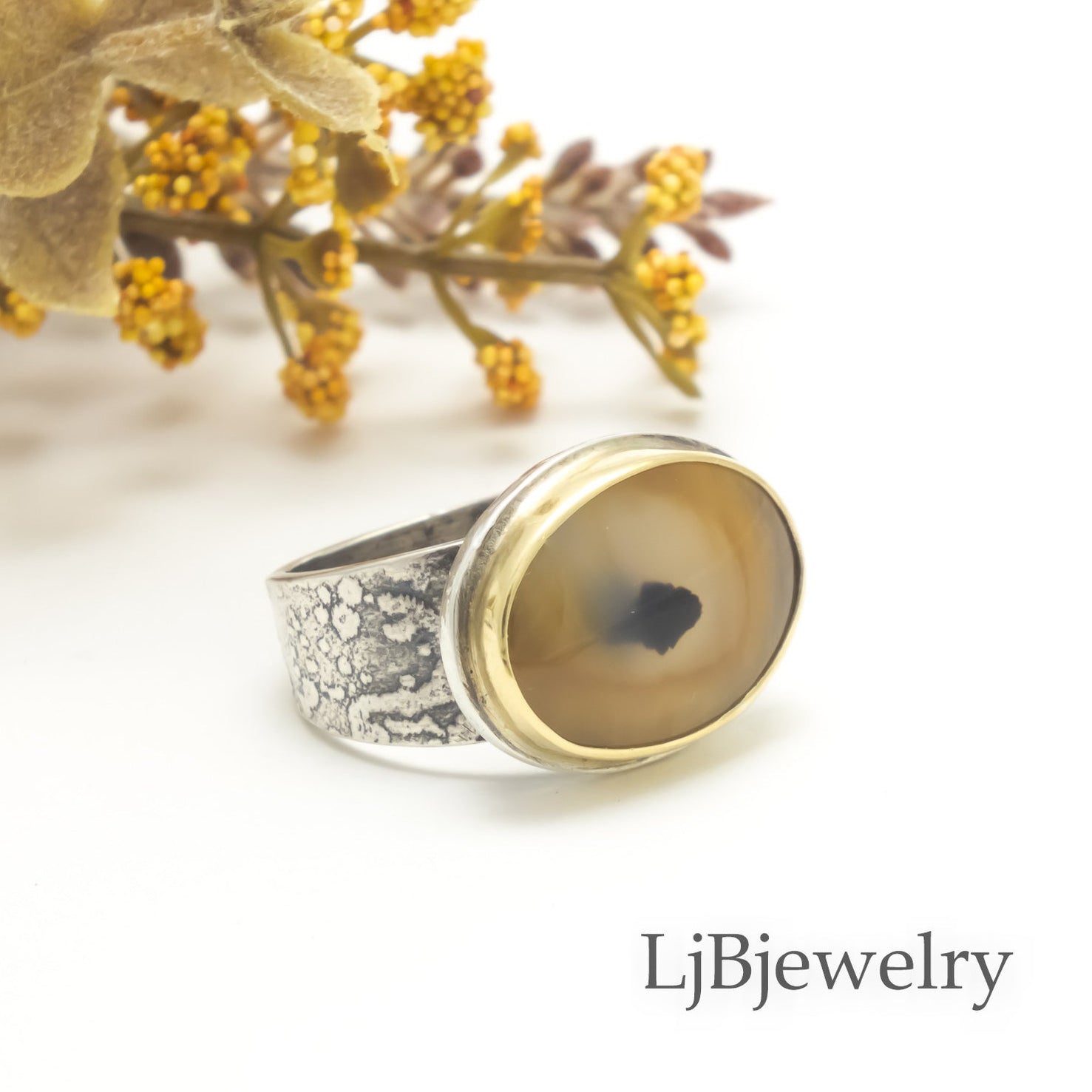 Sterling Silver and Gold Montana Agate Ring For Women - LjBjewelry