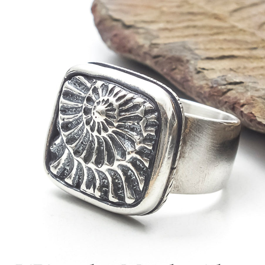 Handmade Sterling Silver Statement Ammonite Ring - LjBjewelry